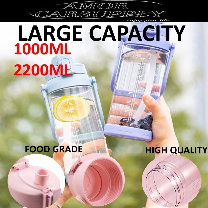 NEW Large Capacity Water Bottle Portable with straw Food Grade PP Big Bottle 1000/2200ml ...