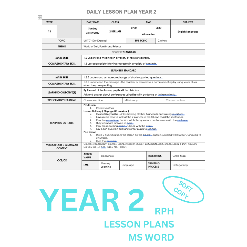 RPH / Lesson Plan Bahasa Inggeris Tahun 2 2025/2026 Cukup Untuk Setahun ...