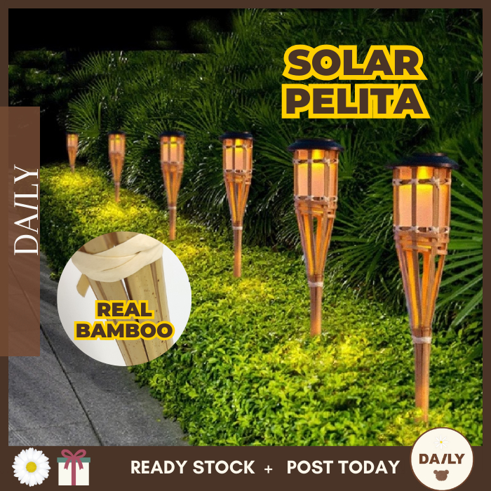 🐻DAILY🐻 2PCS Lampu Pelita Raya LED Solar Bamboo Torch Light Flame Light ...