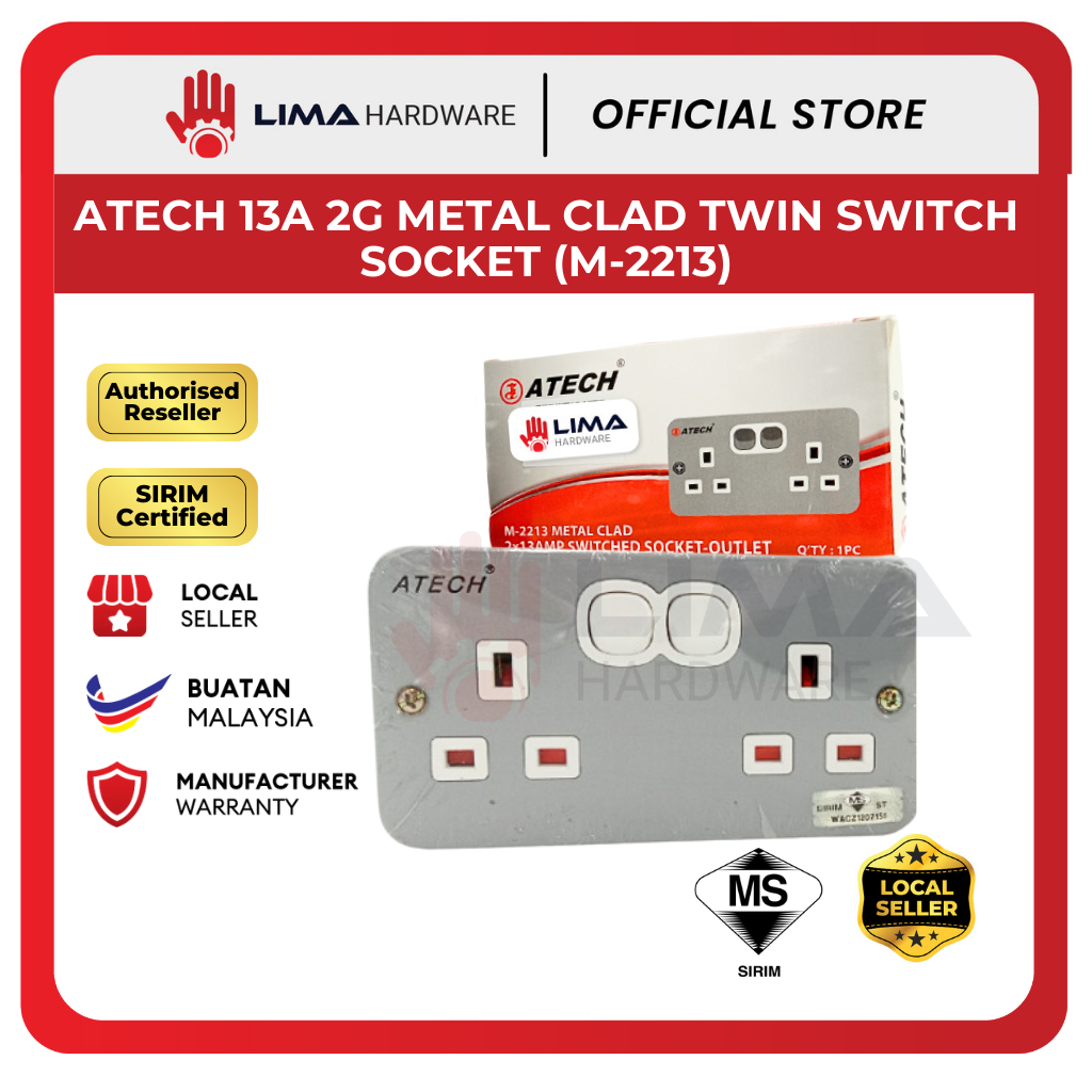 ATECH 13A 2G METAL CLAD TWIN SWITCH SOCKET (M-2213) | Shopee Malaysia