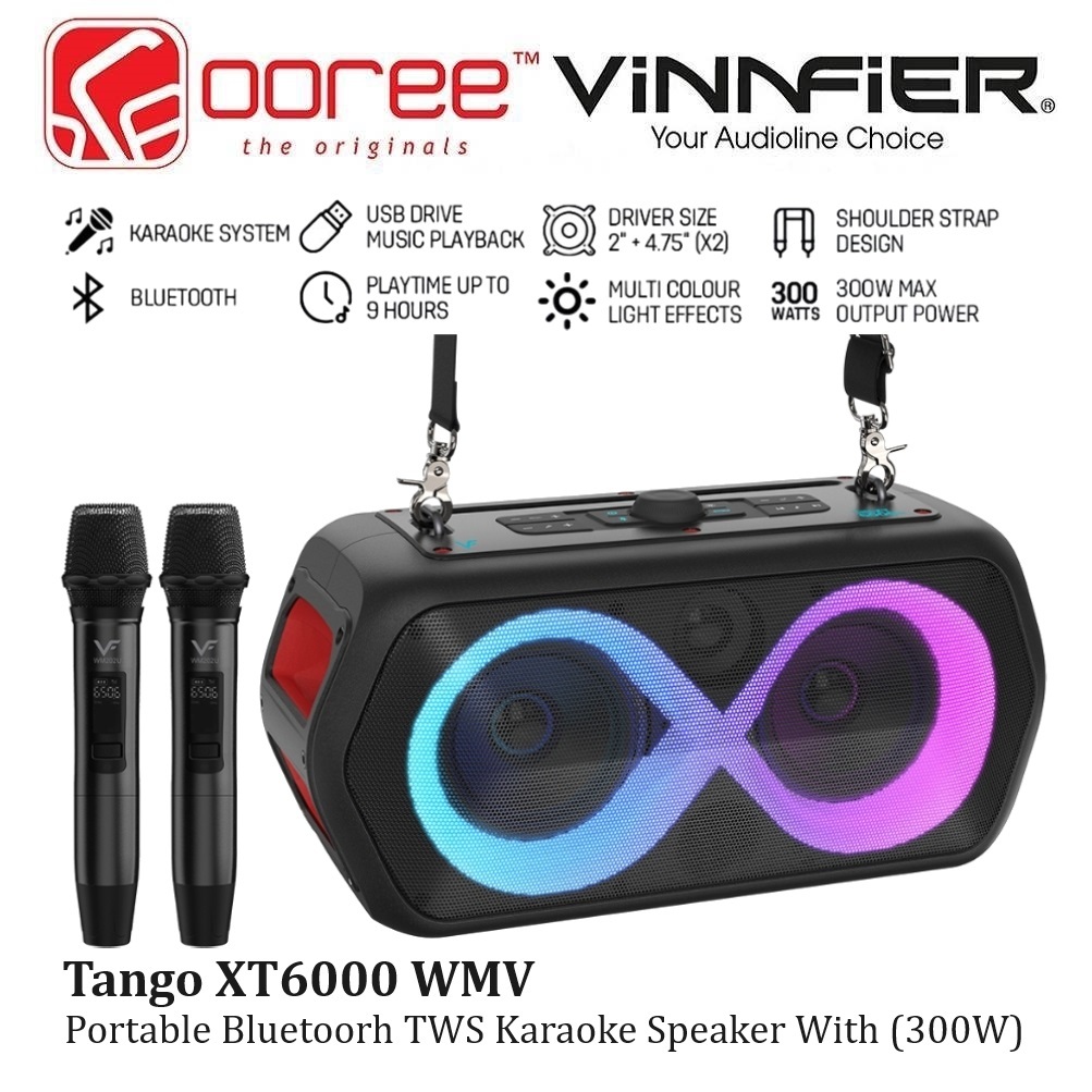 VINNFIER TANGO XT6000 WMU PORTABLE KARAOKE BLUETOOTH SPEAKER 300W / PARTY LIGHTS EFECTS / 2 UHF ...