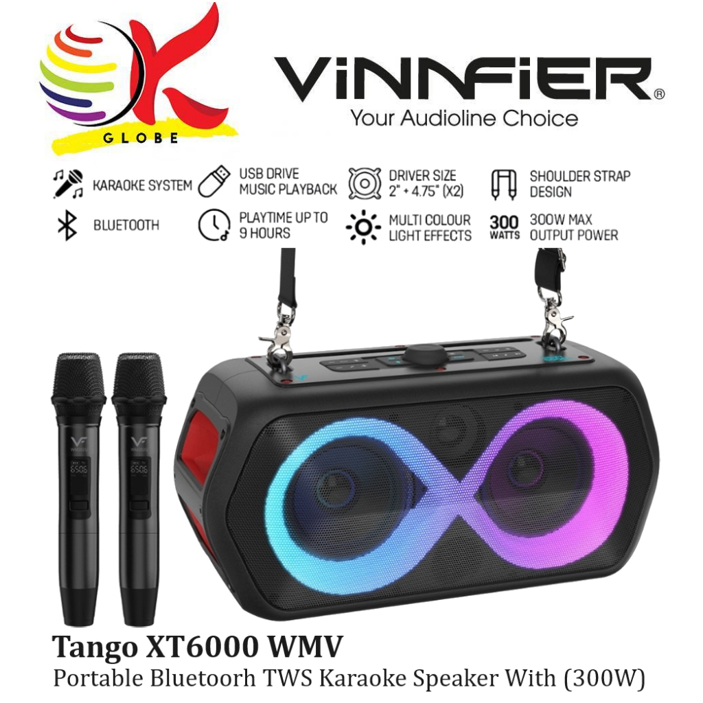 VINNFIER TANGO XT6000 WMU PORTABLE KARAOKE BLUETOOTH SPEAKER WITH 300W / PARTY LIGHTS EFECTS / 2 ...