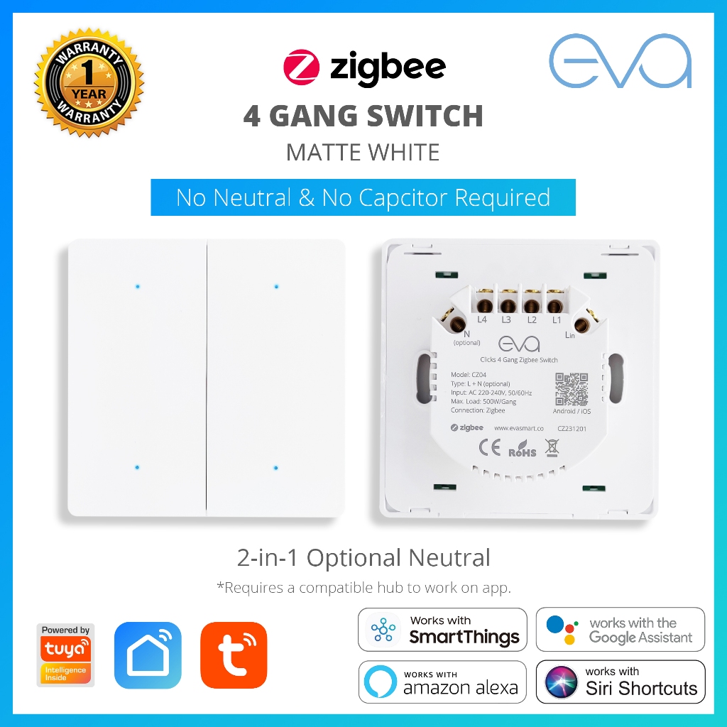 [No Neutral & No Capacitor] Eva ZIGBEE Mechanical 1/2/3/4 Gang ...