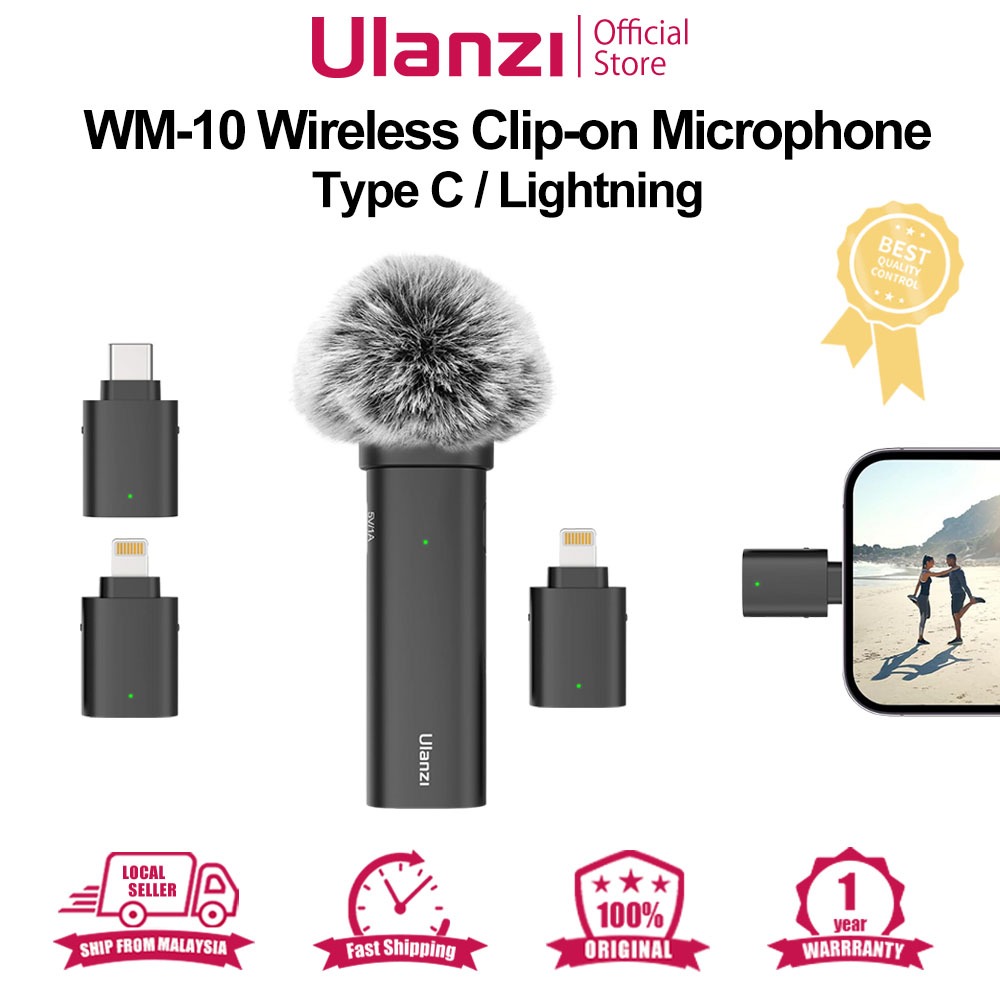 Ulanzi WM-10 Wireless Clip-on Microphone for Smartphone or Tablet For Type C / Lightning ...