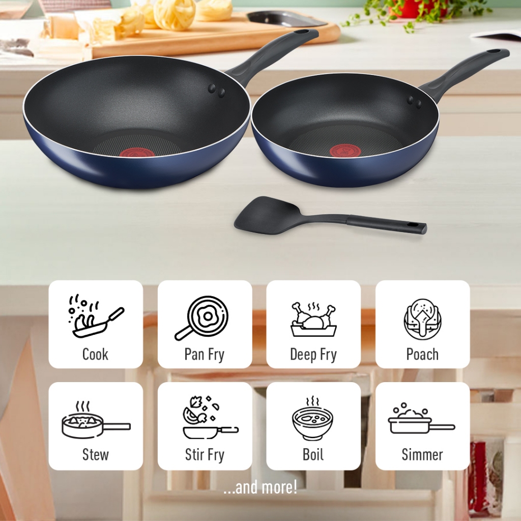 Tefal Clear Cook 3pcs set (Frypan 26cm + Wokpan 28cm + Small spatula) (Non-stick cookware set ...