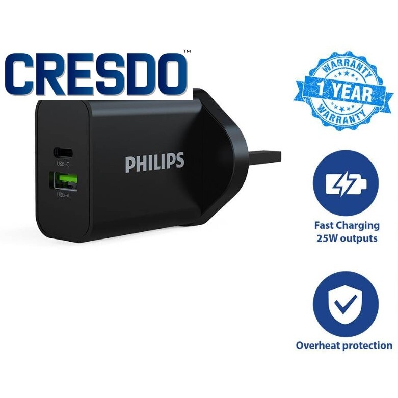 Philips Wall Charger With USB-C Port 25W Fast Charge 3 Pin Adapter Type ...