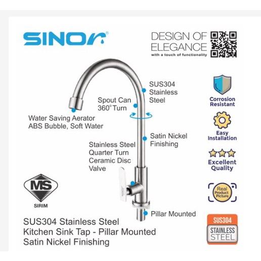 Sinor SS-2013-P SUS304 Stainless Steel Kitchen Faucet Pillar Mounted ...