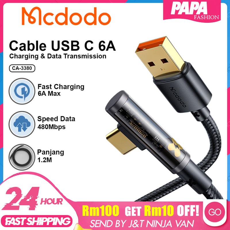 Mcdodo L Shape Gaming Cable 6A Fast Charging Type C USB Data Cable ...
