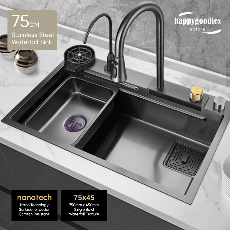 Stainless Steel Waterfall Sink in Nano Black Coated 7545 | Shopee Malaysia