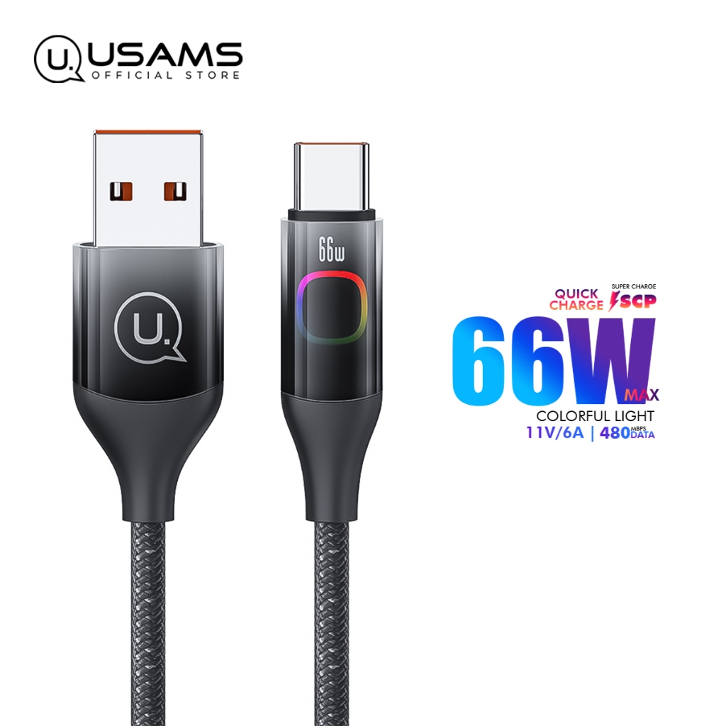USAMS USB to Type-C Fast Charging Cable 6A 66W PD QC with Ambient Light XM Series support Oppo ...