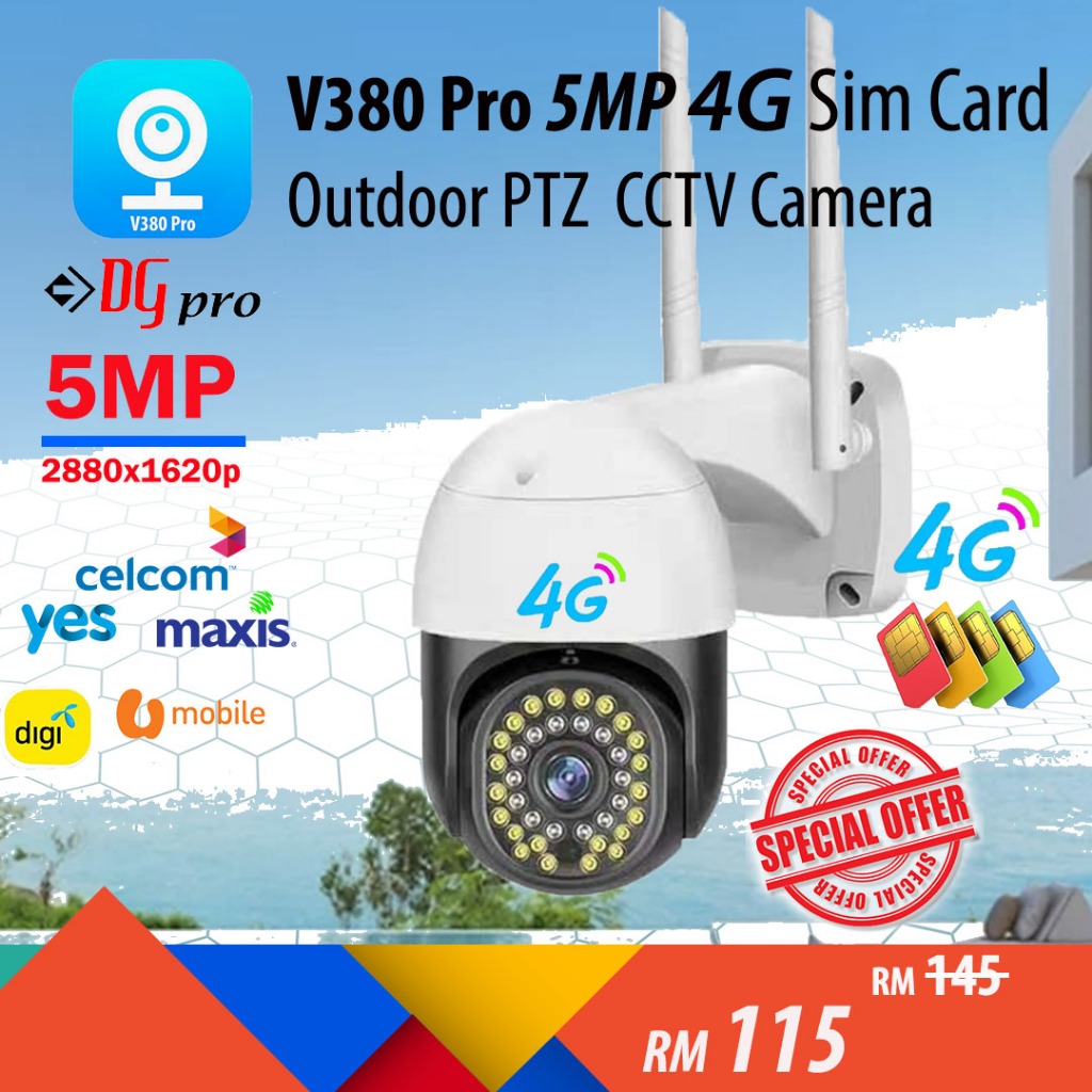 V380 PRO 4G Sim Card 5MP 2.5K Weatherproof Outdoor PTZ Wireless Smart ...