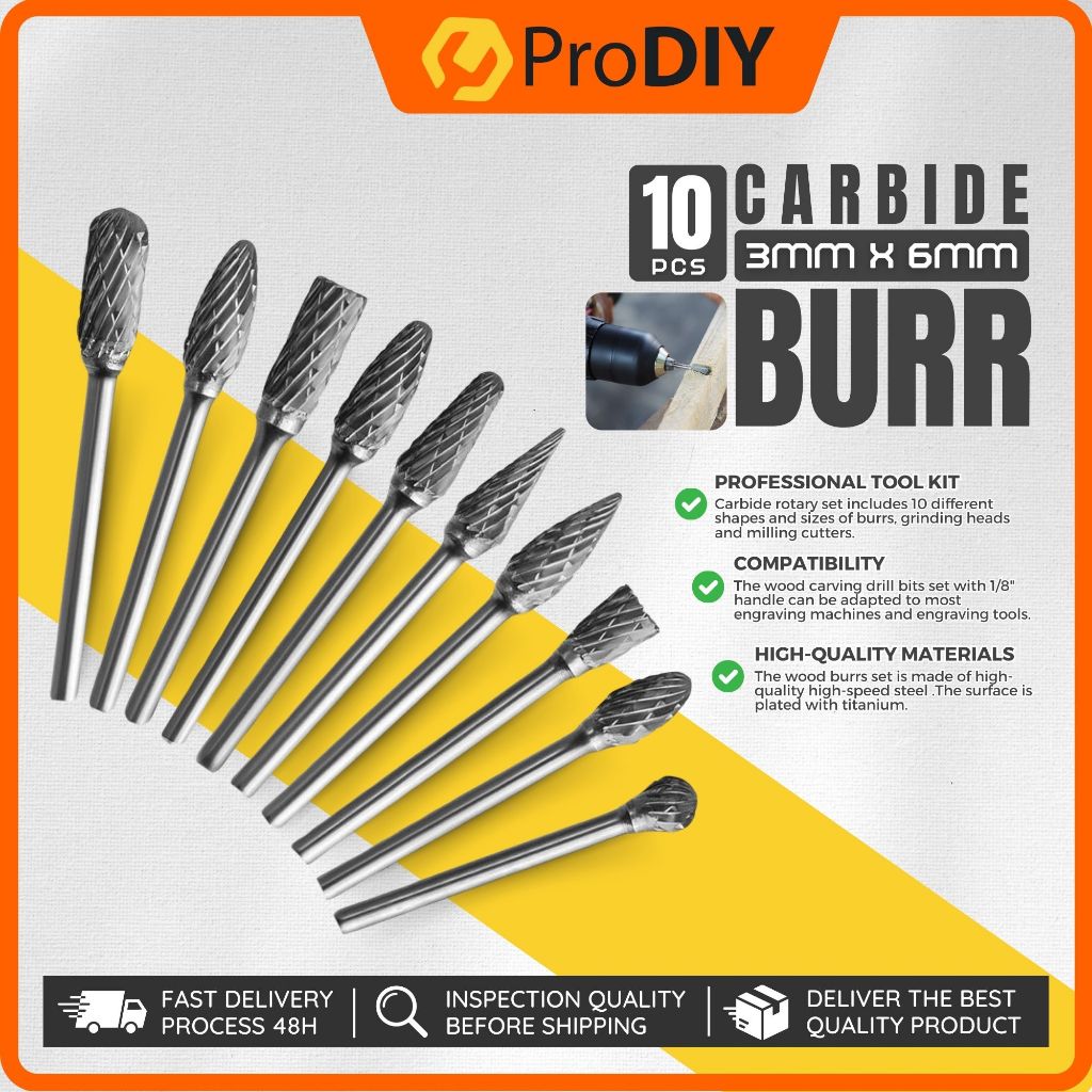 10pcs Carbide Burr Shank Fit Rotary Drill Porting Tool ( 3mm x 6mm ...