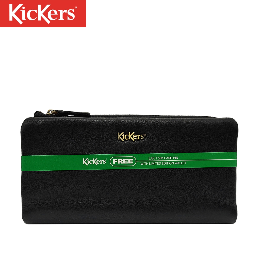 Kickers Genuine Top Grain Cow Leather Black Copper Logo Bifold Long ...