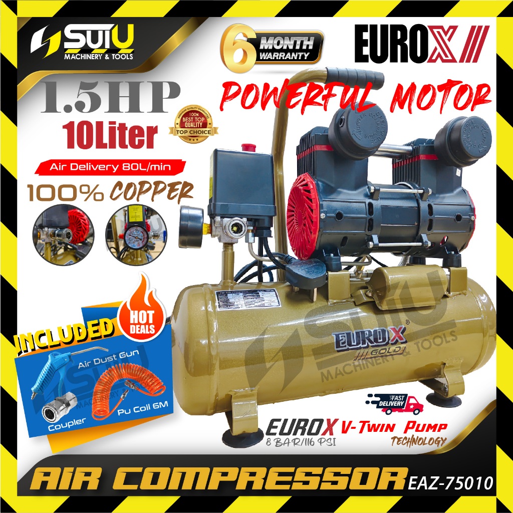 [NEW ARRIVAL] EUROX EAZ-75010 / EAZ75010 1.5HP 8Bar 10L Air Compressor / Kompressor 2850RPM ...