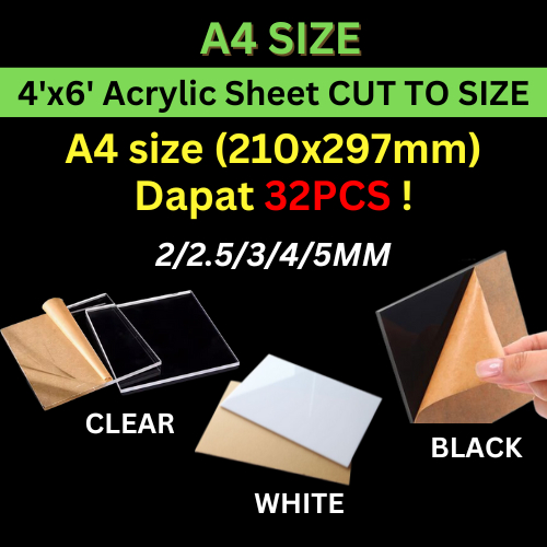 CUT-TO-SIZE Clear /Black /White Acrylic Sheet A4 size 32PCS / 44PCS ...