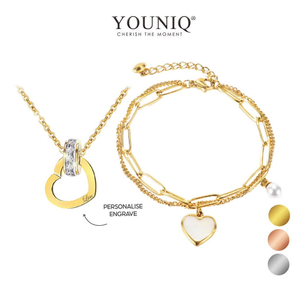 YOUNIQ EVA & LUNA Heart 18K Rosegold Titanium Bracelet & Necklace Set ...
