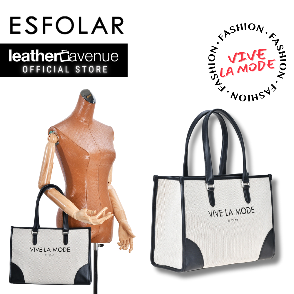 ESFOLAR VIVE LA MODE Women's Tote Bag Nappa Leather Mix Canvas ES-23033 ...