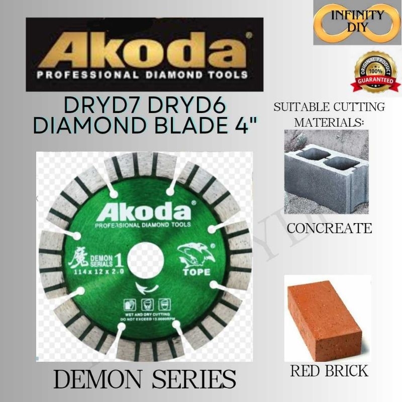 AKODA DIAMOND BLADE CUTTING CONCRETE 4" DEMON SERIES DRYD7 DRYD6/MATA ...