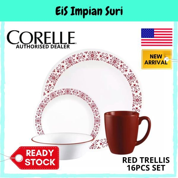 (Ready Stock!!) Corelle Red Trellis 16pcs Classic Dinnerware Set (16 ...