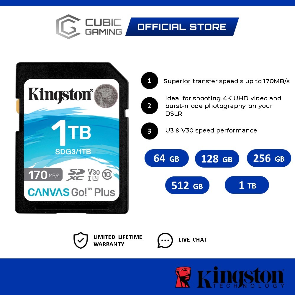 Kingston Canvas Go Plus SDG3 Class 10 UHS-I U3 V30 SDXC SD Memory Card ...