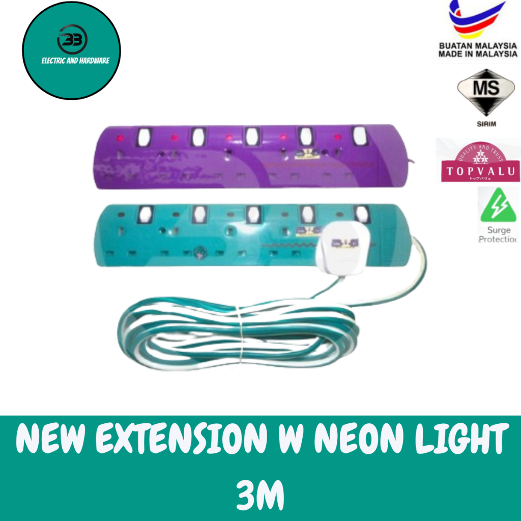【sirim】 3m Extension Socket With Surge Protector 3000watt Multiple Plug Adaptor Trailing W Neon