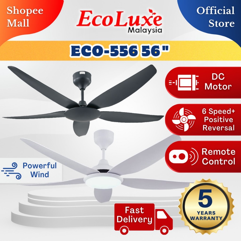 Ecoluxe DC Motor Ceiling Fan with 6 Speeds Remote Control 5 Blades (56 ...