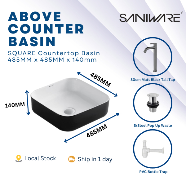 SANIWARE 485mm Black And White Ceramic Rounded Square Countertop Basin ...
