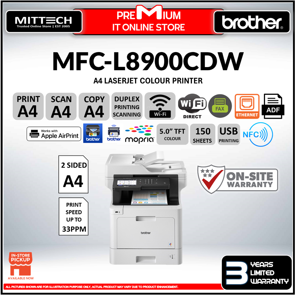 Brother Business Colour Laserjet A4 4in1 Printer MFC-L8900CDW | ADF & Duplex | Wired & Wireless ...