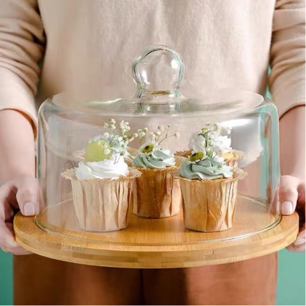 Cake Box~ Display Cake Plate with Bamboo Tray Acrylic Round/ Dulang Kek ...