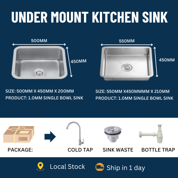 500mm 550mm Stainless Steel 1.0MM Thick UnderMount Kitchen Sink Bowl ...