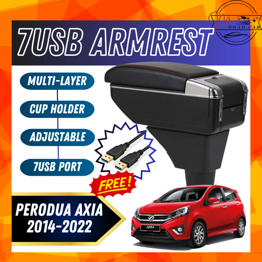 Perodua Axia 2014-2022 Armrest 7usb Charging Port Leather Adjustable ...