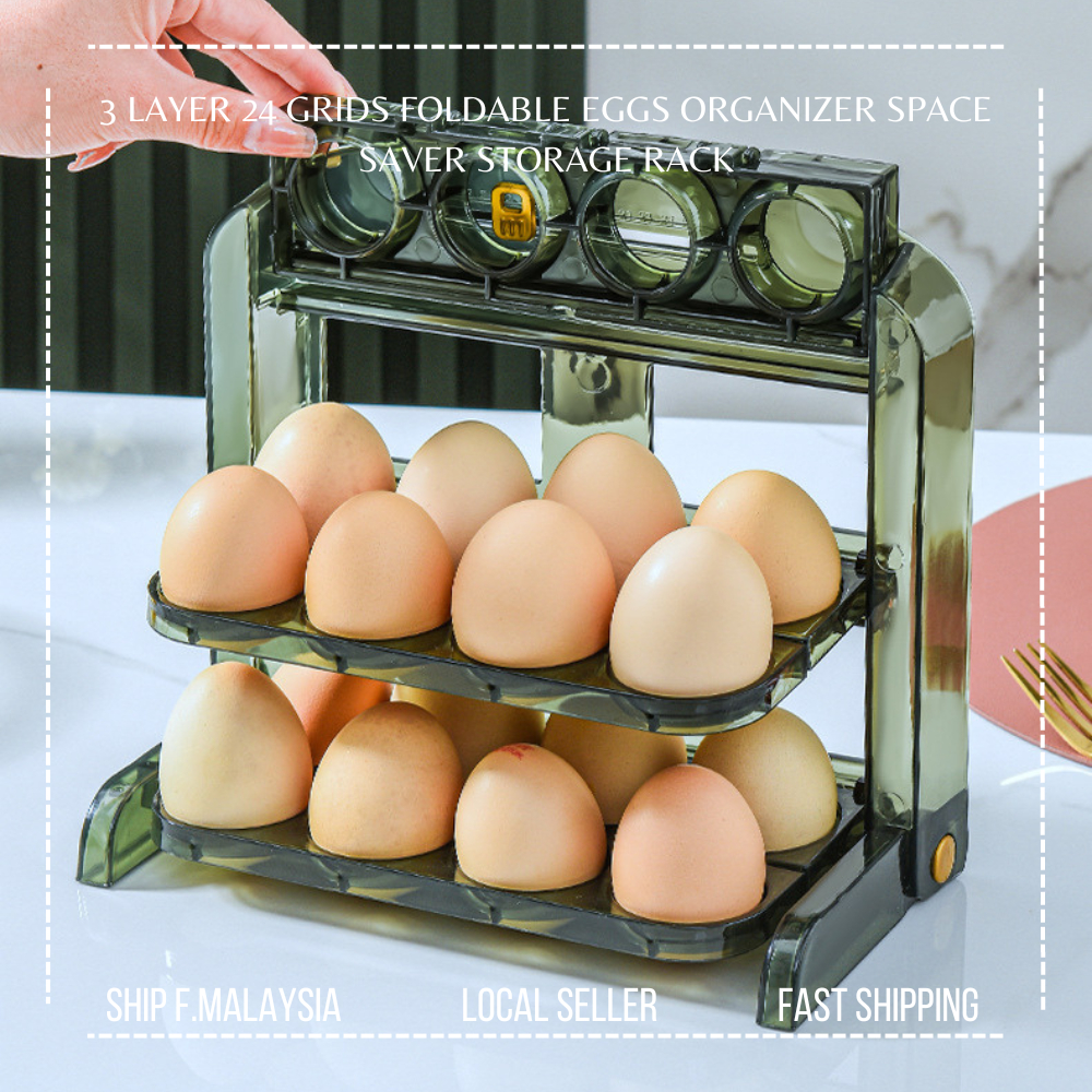OP 3 Layer 24 Grids Foldable Eggs Organizer Space Saver Kitchen Eggs ...