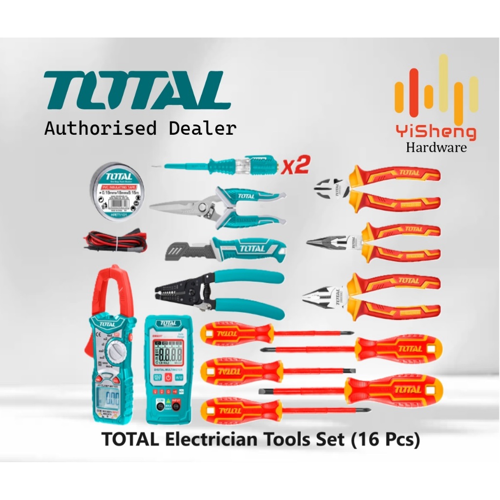 Total TOS23063 16 Pcs Electrician Tools Set Multimeter + Clamp Meter + Scissors + Pliers ...
