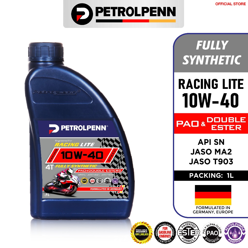 [PAO+DOUBLE ESTER] PETROLPENN Racing Lite 4T 10W-40 Fully Synthetic (1L) Motorcycle Engine Oil ...