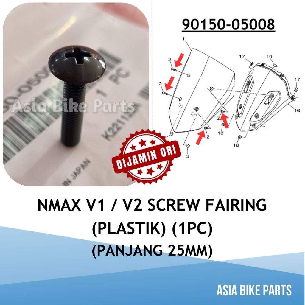 Yamaha Original NMAX V1 V2 Windshield Screw Fairing Plastik - 90150 ...