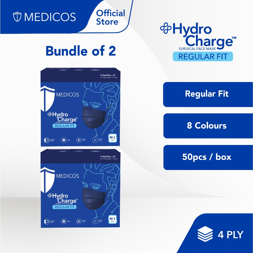 MEDICOS Regular Fit 175 Hydro Charge 4 Ply Surgical Face Mask Size M/L ...