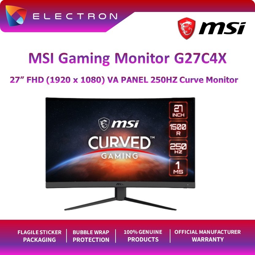MSI G27C4X 27" FHD 250Hz Curved Gaming Monitor (HDMI, DisplayPort, 3Yrs ...
