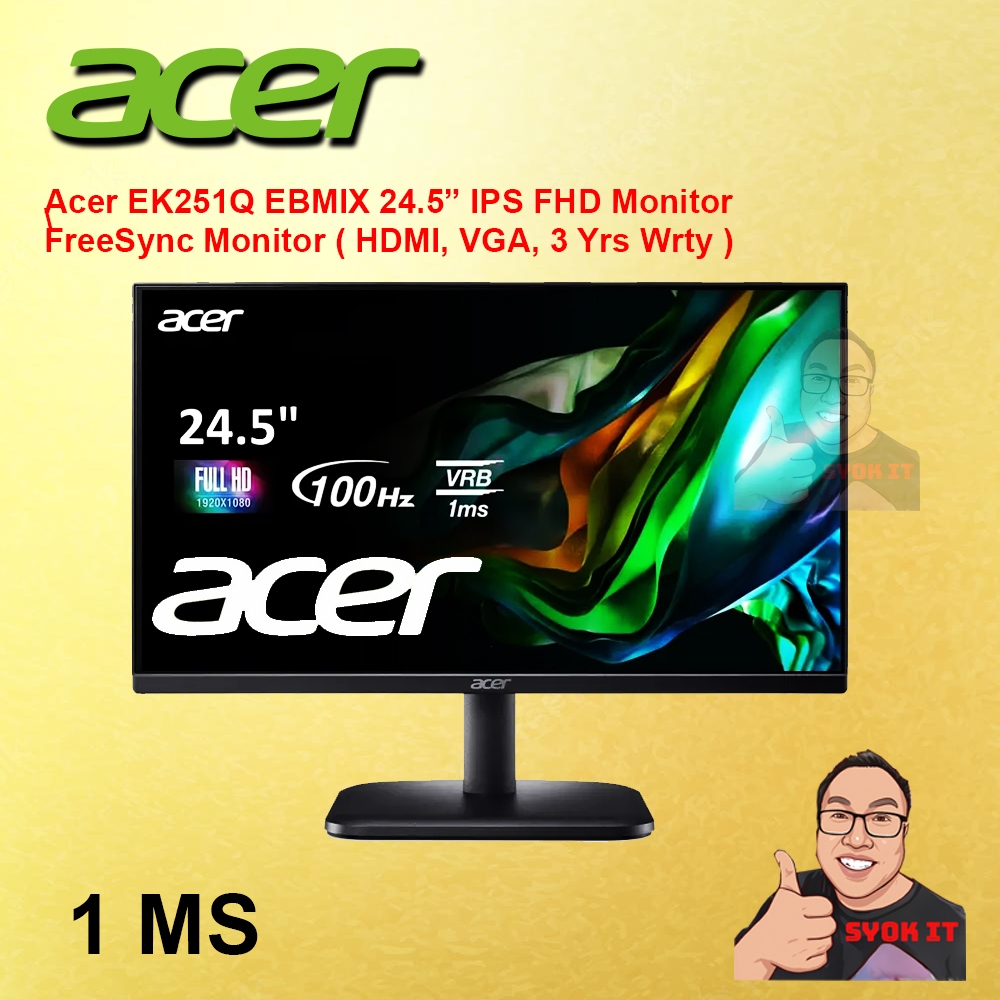 ACER EK251Q E (24.5") IPS FHD 1MS 100Hz SRGB 99 AMD Free Sync Acer Comfy View HDMI VGA | Shopee ...