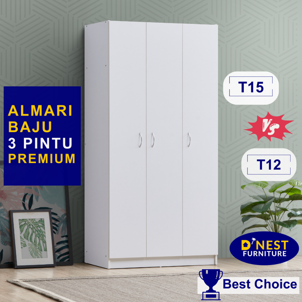 Almari Baju 3 Pintu (Premium T15 / Murah T12) 3 Door Wardrobe Kabinet ...