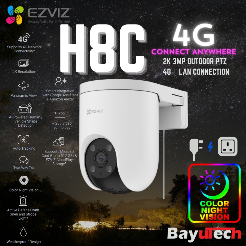 EZVIZ H8c 4G LTE 3MP 2K Outdoor Water Proof PTZ 360 CCTV Security Camera Alarm Night Vision ...