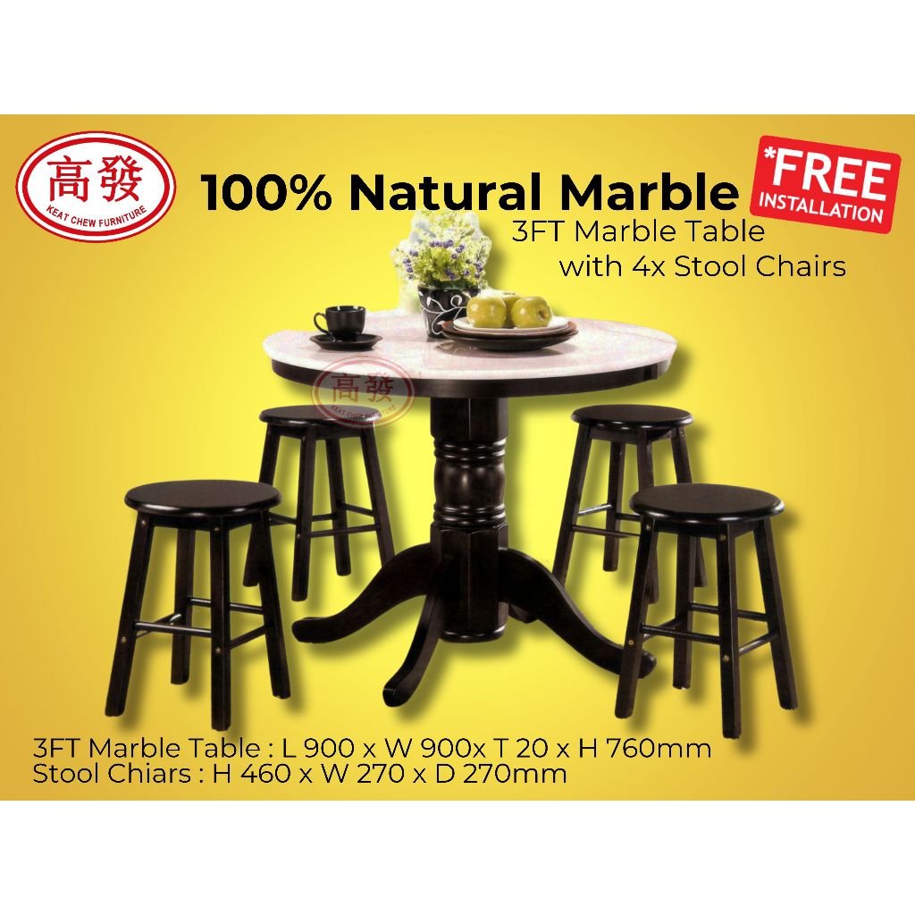 100% Natural Marble Table + 4x Wooden Stool 3FT Marble Round Table Meja ...