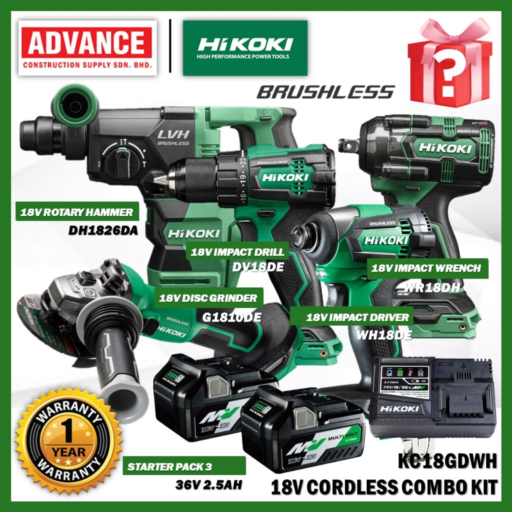 HIKOKI KC18GDWH 18V Cordless Combo Kit RM3780 ( G1810DE Disc Grinder / DH1826DA Rotary Hammer ...