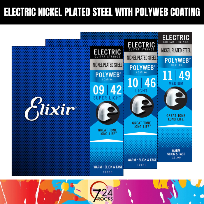 Elixir Polyweb Nickel Plated Steel Electric Guitar Strings Set . 12000 . 12025 . 12050 . 12100 ...