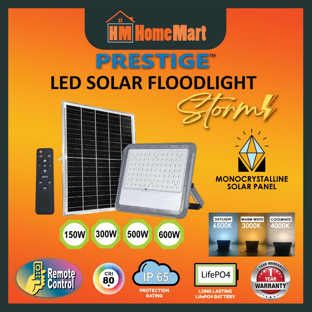 PRESTIGE LED Solar Floodlight Storm 150W/300W/500W/600W (6500K) (1 Year ...