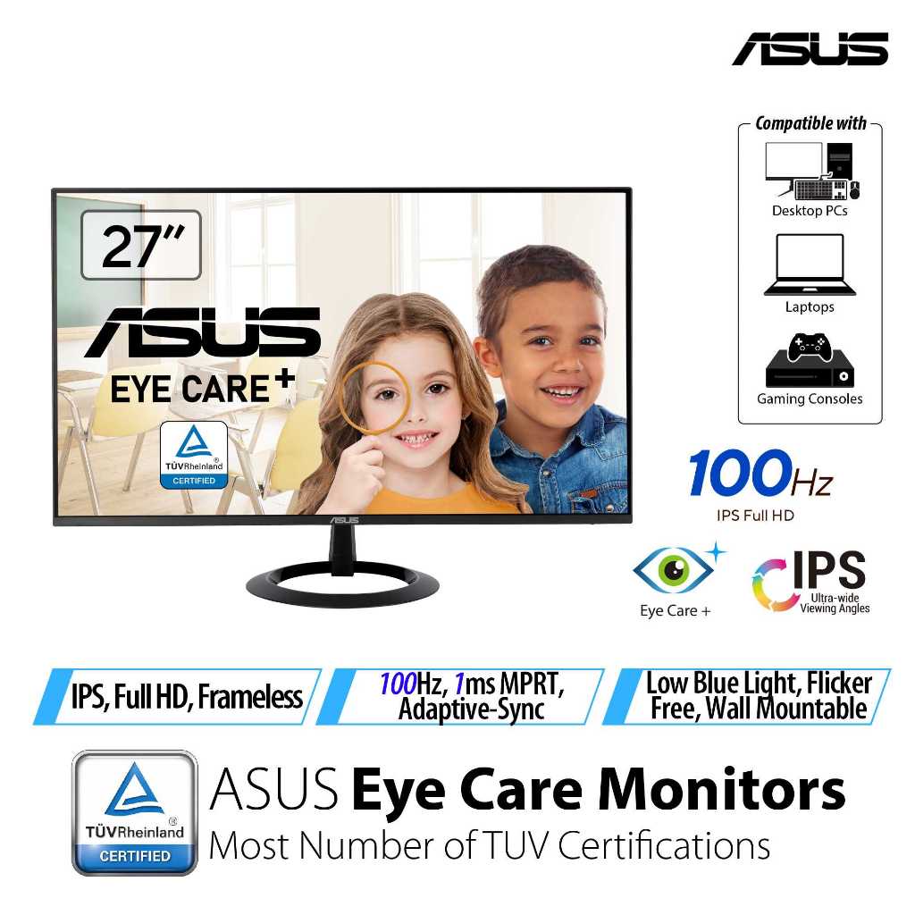 ASUS VZ27EHF Eye Care Ultra Slim Gaming Monitor 27 inch Full HD (1920 x ...