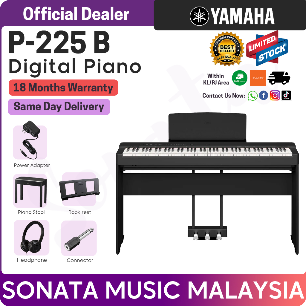 Yamaha P225 Black 88 Keys Digital Piano Package C ( P-225 / P 225 ...