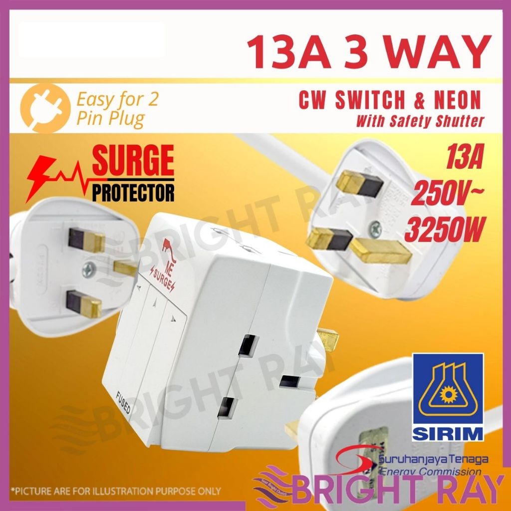 13A 3WAY Adaptor Surge Protector Neon Light Safety Shutter 13A Easy for ...