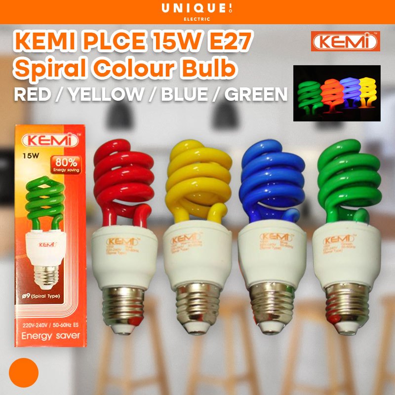 KEMI PLCE 15W E27 SPIRAL COLOUR BULB | RED / YELLOW / BLUE / GREEN ...
