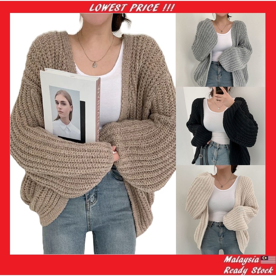 Casual Plain Cardigan Puff Knitted Oversize Loose Long Sleeve Coat ...