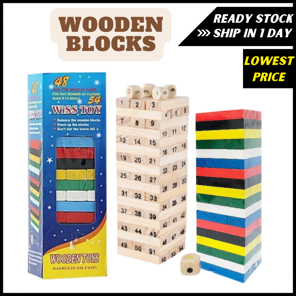 48pcs Wooden Blocks Building Stacking Number Tower With Dice Balancing ...